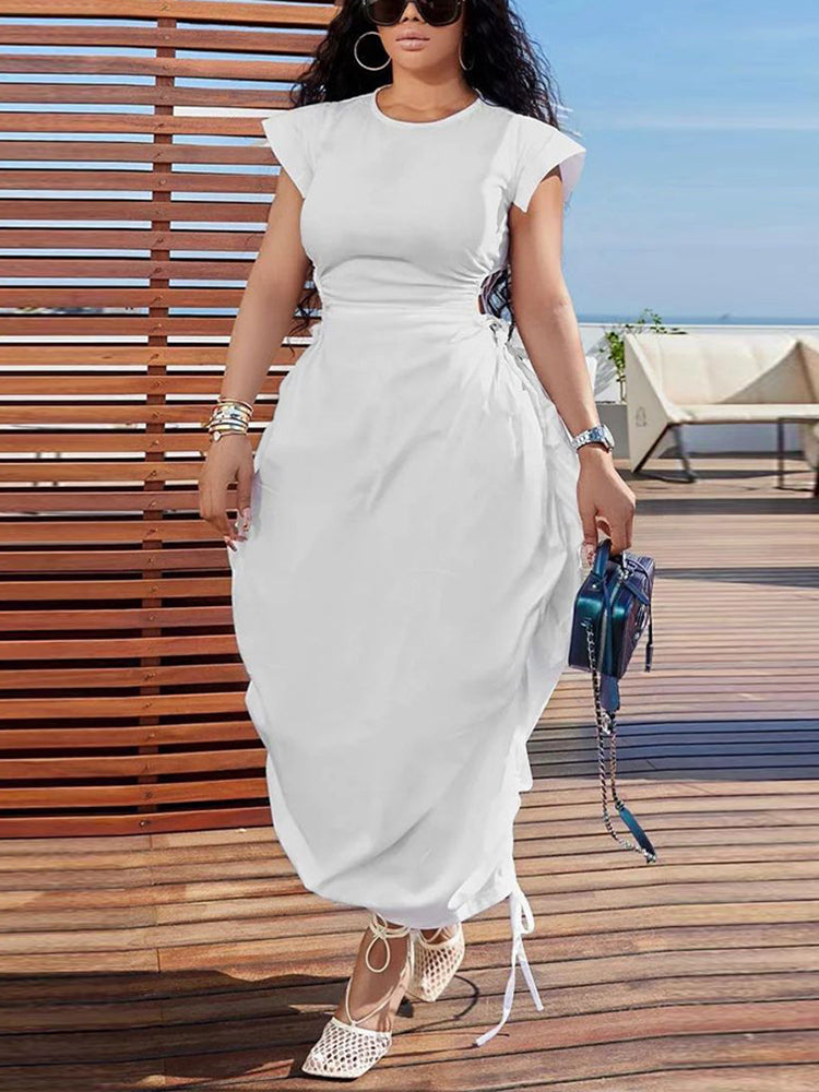 Round Neck Puff Sleeve Hollow Out Floral Dress | Drawstring Waist ...