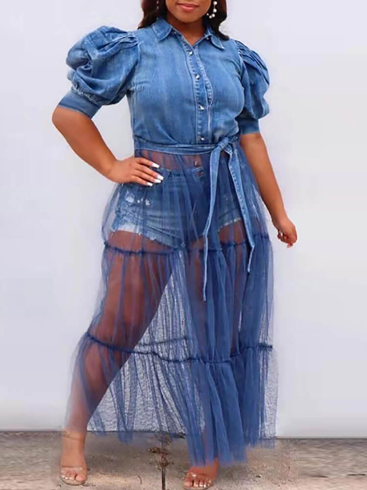 Denim Mesh Patchwork Short Ruffle Sleeve V Neck Bodycon Tops | Tops ...